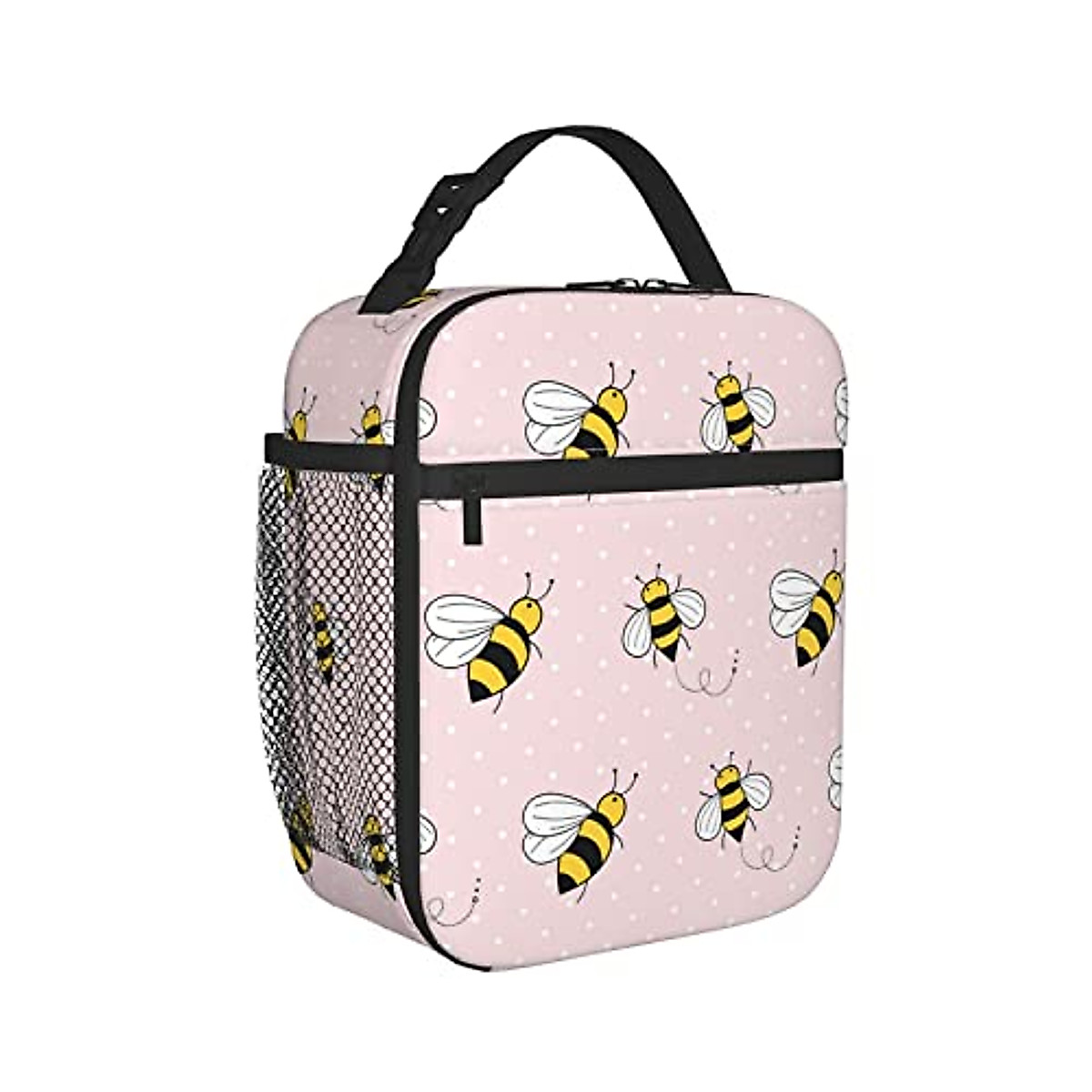 BQIUULO Cute Bees on Pink Lunch Bag for Men Women Tote Insulated Cooler Bags Reusable Lunch Box for College Work Office Picnic