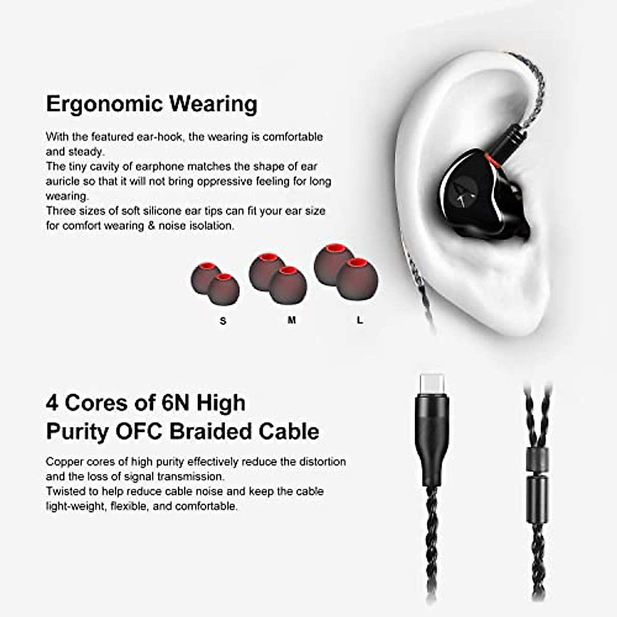 DCMEKA USB C in Ear Monitor Headphones, Dynamic Hybrid Dual Drive IEM Earphones, Type C Wired Earbuds for Singers, Musicians, Drummers, Noise Isolating, MMCX Detachable Cable(Black, no Mic)