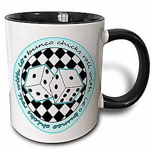 3dRose Bunco Chicks Roll with It Blue and White-Two Tone Black Mug, 11 oz, Multicolored