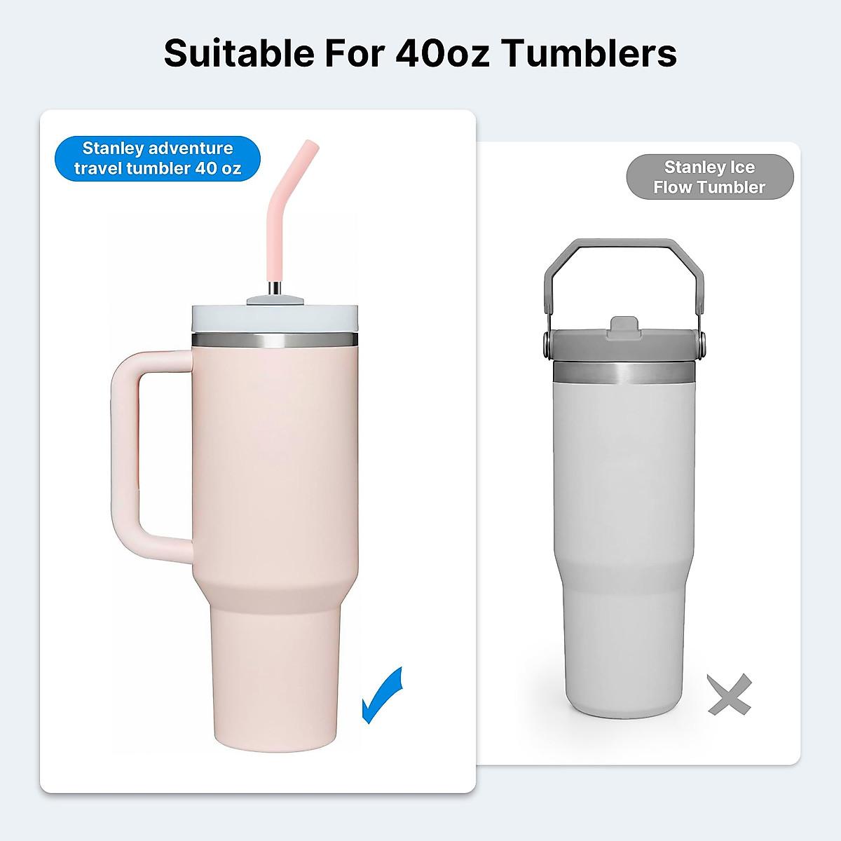 Bluwing Metal Straw with Silicone Tip for 40oz Stanley Cup, 2 Pcs Stainless Steel Straws Replacement for Stanley 40 oz 30 oz Adventure Quencher Travel Tumbler Cup, 1 Straw Brush (Light Pink)