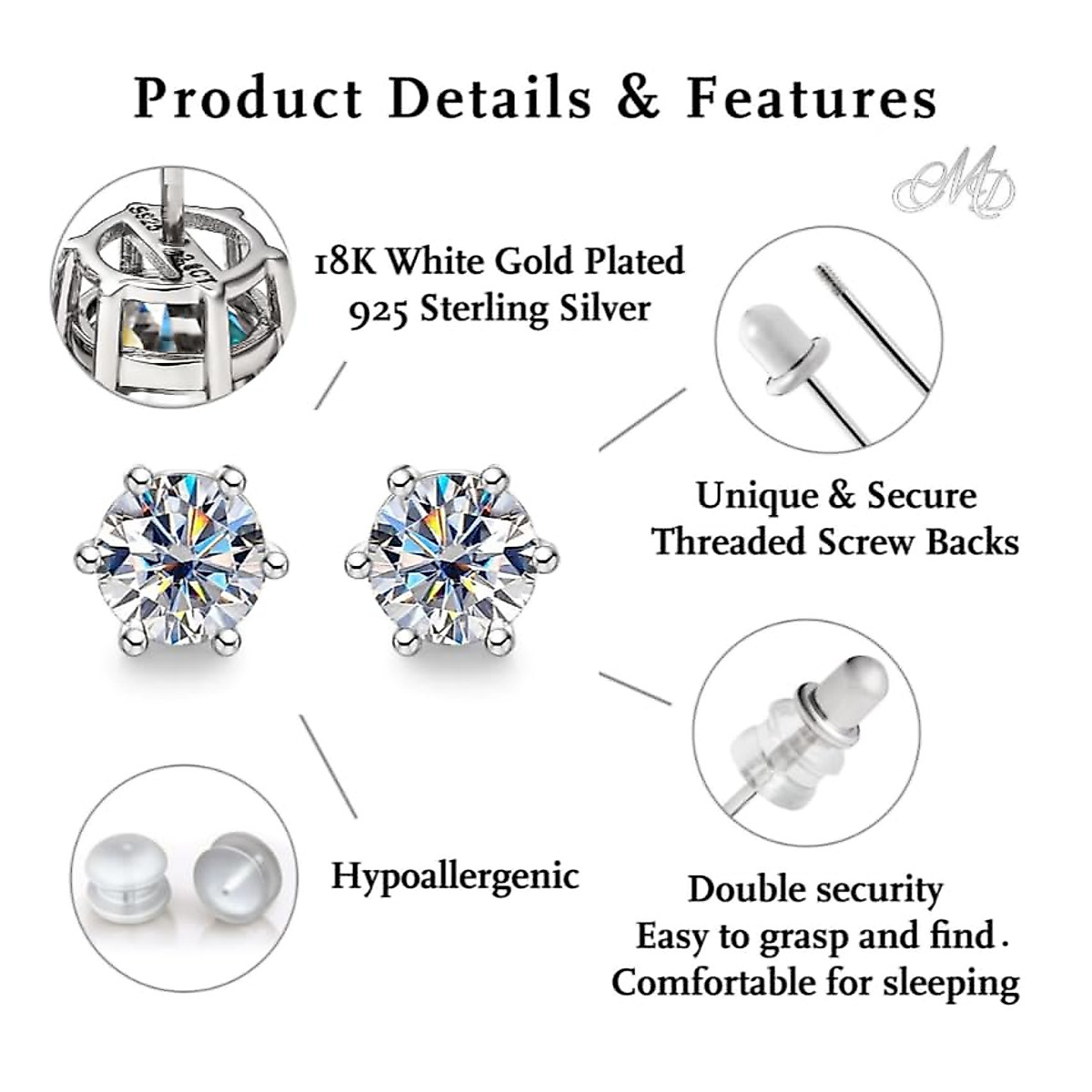 Moissanite Stud Earrings/No Poke Screw Back / 6 Prong / 4 CT / 8 MM/White Gold Vermeil/Colorless Flawless Lab Grown Diamond/Hypoallergenic/GRA Engraved/Gift Set