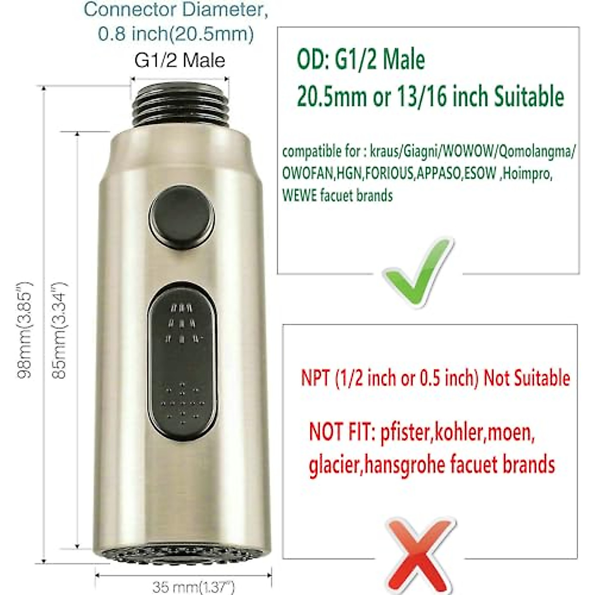 PULL Down Faucet Head Replacement Parts G1/2 or 13/16inch Kitchen Sink Faucet Sprayer Head Pull Out Spray Head Kitchen Faucet,Brushed Nickel