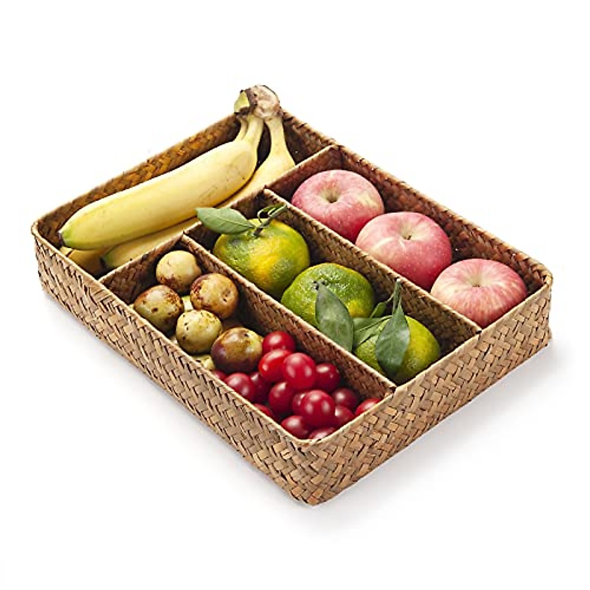Seagrass Storage Basket with Compartments Utensil Tray for Organization Silverware Flatware Rectangular Shelf Baskets with 4 Sections