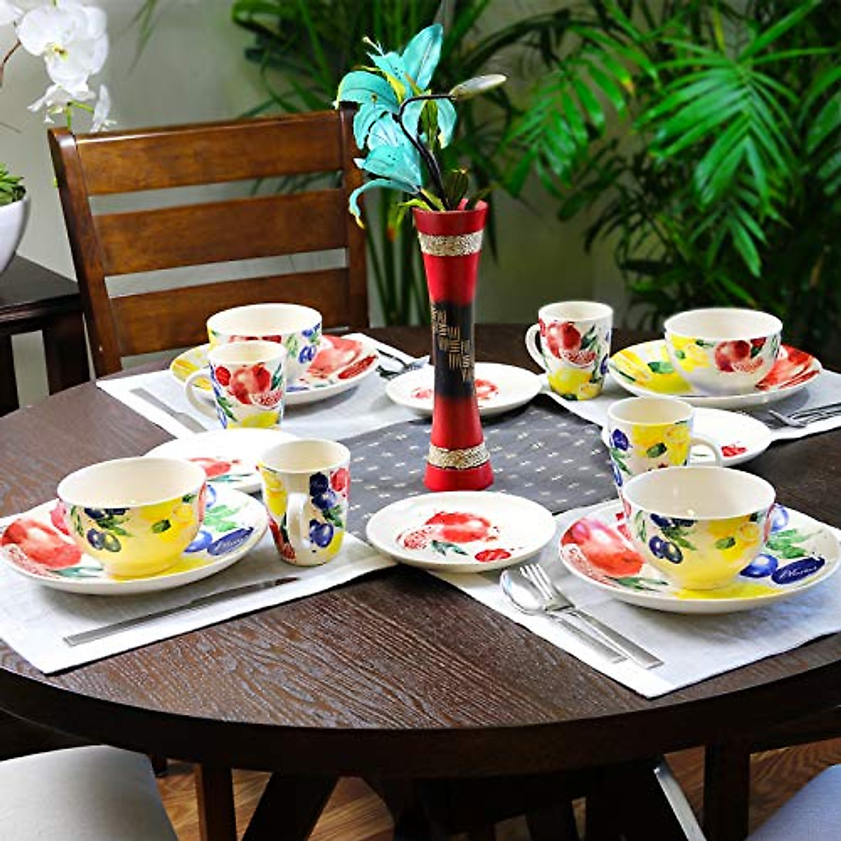 Elama Round Stoneware Fruity Dinnerware Dish Set, 16 Piece, White with Multicolored Fruit