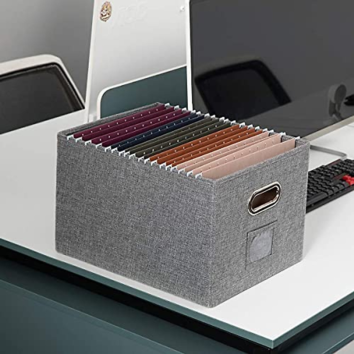 Collapsible File Box Storage Organizer with Lid [1-Pack] Decorative Linen Filing Storage Office Box Hanging Letter/Legal Folder Home Office Bins Cabinet Container