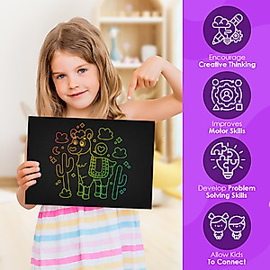 Rainbow Scratch Paper Bulk Pack, Large Size Full Sheet 7.5x10 inches, 50 Piece Magic Scratch Paper Art Set with 4 Wooden Stylus, Black Scratch Off Paper, Arts and Crafts for Kids