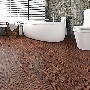 FunStick 6"x36" 15 Pcs Peel and Stick Floor Tile Wood Planks Waterproof Laminate Flooring Red Brown Wood Vinyl Flooring Planks Peel and Stick Flooring for Bathroom Floor Tile Bedroom Walls RV Laundry