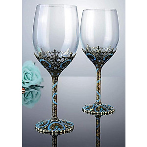 Wine Glasses Clear Handcrafted Champagne Glasses Red Wine Glasses Set of 2 Enamel Floral Goblets (Blue)