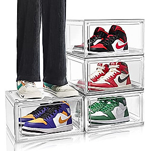EDS FAM 4 Pack Sneaker Storage for Sneakerheads Shoe Boxes Crates Clear Plastic Stackable Boot Display Case