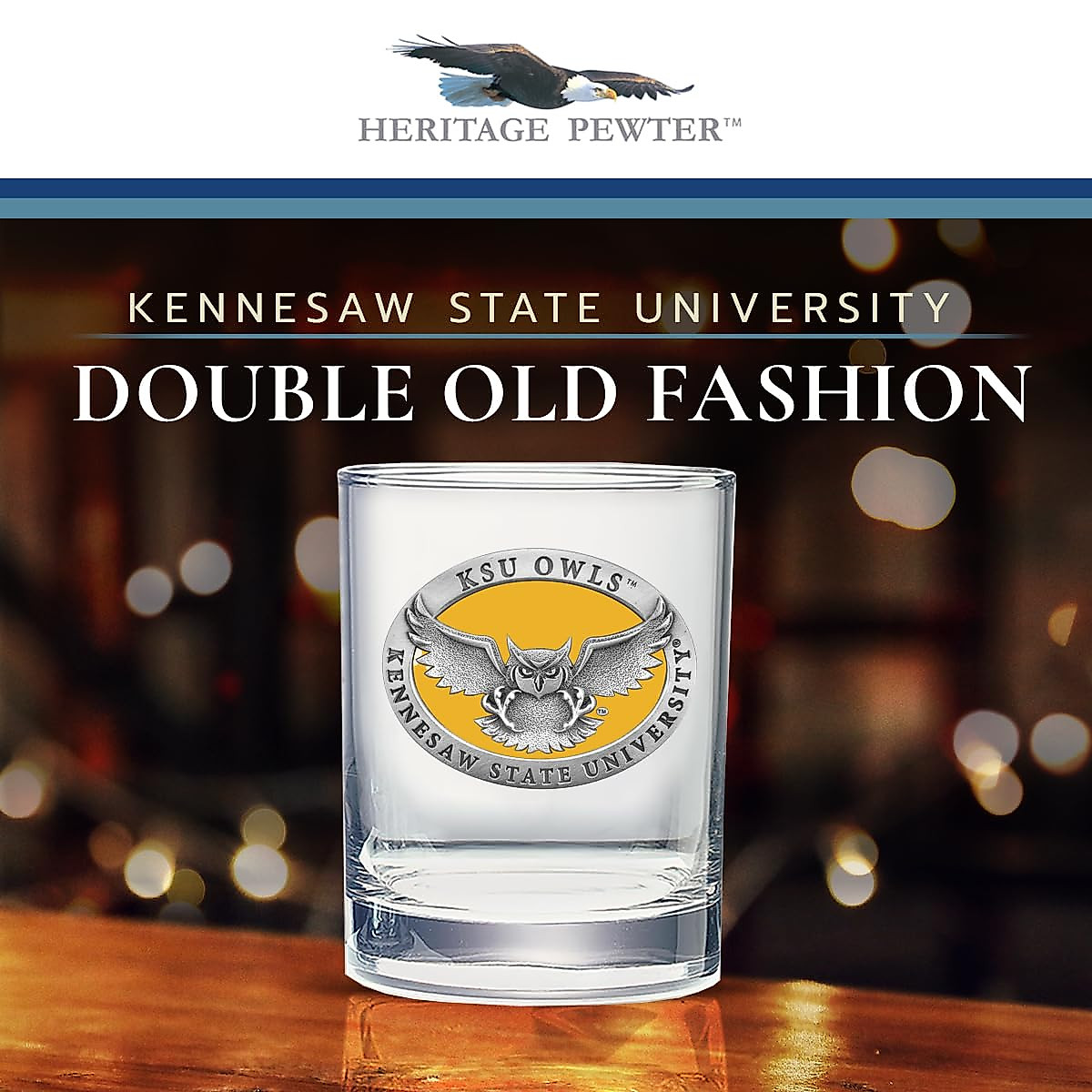 Heritage Pewter Kennesaw State Double Old Fashion | Double Rocks Glass 14 OZ for Liquor | Expertly Crafted Pewter Glass