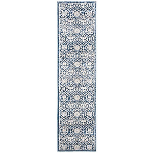 SAFAVIEH Brentwood Collection 2' x 14' Navy / Cream BNT896N Floral Distressed Non-Shedding Living Room Bedroom Runner Rug