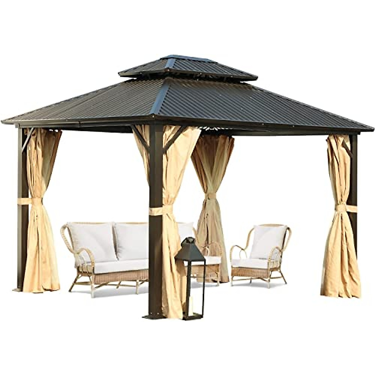 Aoodor 10' x 12' Gazebo Hardtop Roof, Aluminum Frame with Mosquito Netting and Curtain for Garden Patio, Black