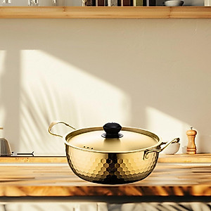 MagiDeal Korean Ramen Noodle Pot Kitchen Cookware Stainless Steel Easy to Clean Saucepan Soup Pot for Camping Hiking Noodle Eggs Stew, 22cm Gold, optional