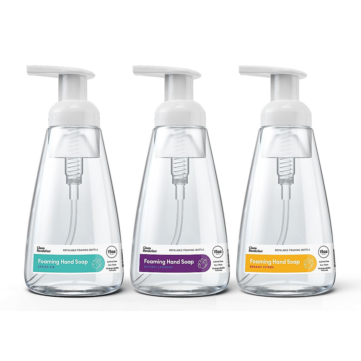 Clean Revolution Ready to Use Foaming Hand Soap, Fragrance Variety 3 Pack| Jumbo 15oz Bottles| Essential Oils|Dreamy Citrus|Fresh Lavender|Spring Air|45 Total Fl Oz, Clear