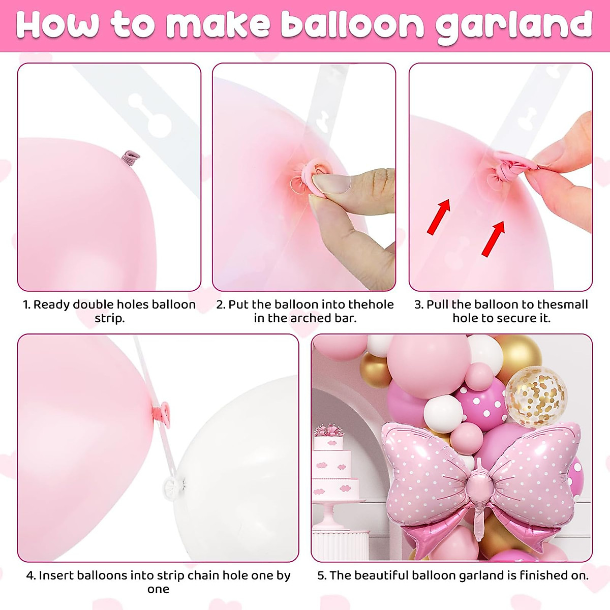 MeiWuKaBH Pink Mouse Balloon Garland Arch Kit for Cartoon Mouse Theme Birthday Party Decorations Girl Kids, Pink White Red Bow Foil Balloons for Mouse Baby Shower Party Decorations