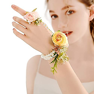 Yumikoo Rose Flower Wrist Corsage Bracelets - Prom Wedding Handmade Pearl Colorful Corsage for Women