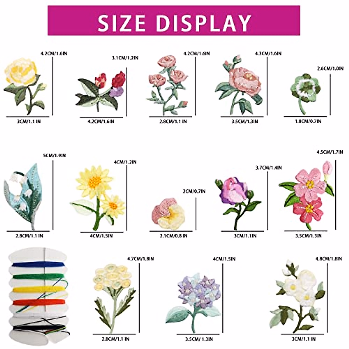 Modixun 15pcs Mini Flowers Iron On Patches, 13 Patterns Decorative Embroidered Patches, Sew On/Iron On Patch Applique for Jeans, Clothing, Hat, Jacket, Mini Flowers