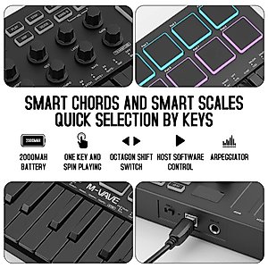 M-WAVE 25 Key USB MIDI Keyboard Controller With 8 Backlit Drum Pads, Bluetooth Semi Weighted Professional dynamic keybed 8 Knobs and Music Production,Software Included (Black)