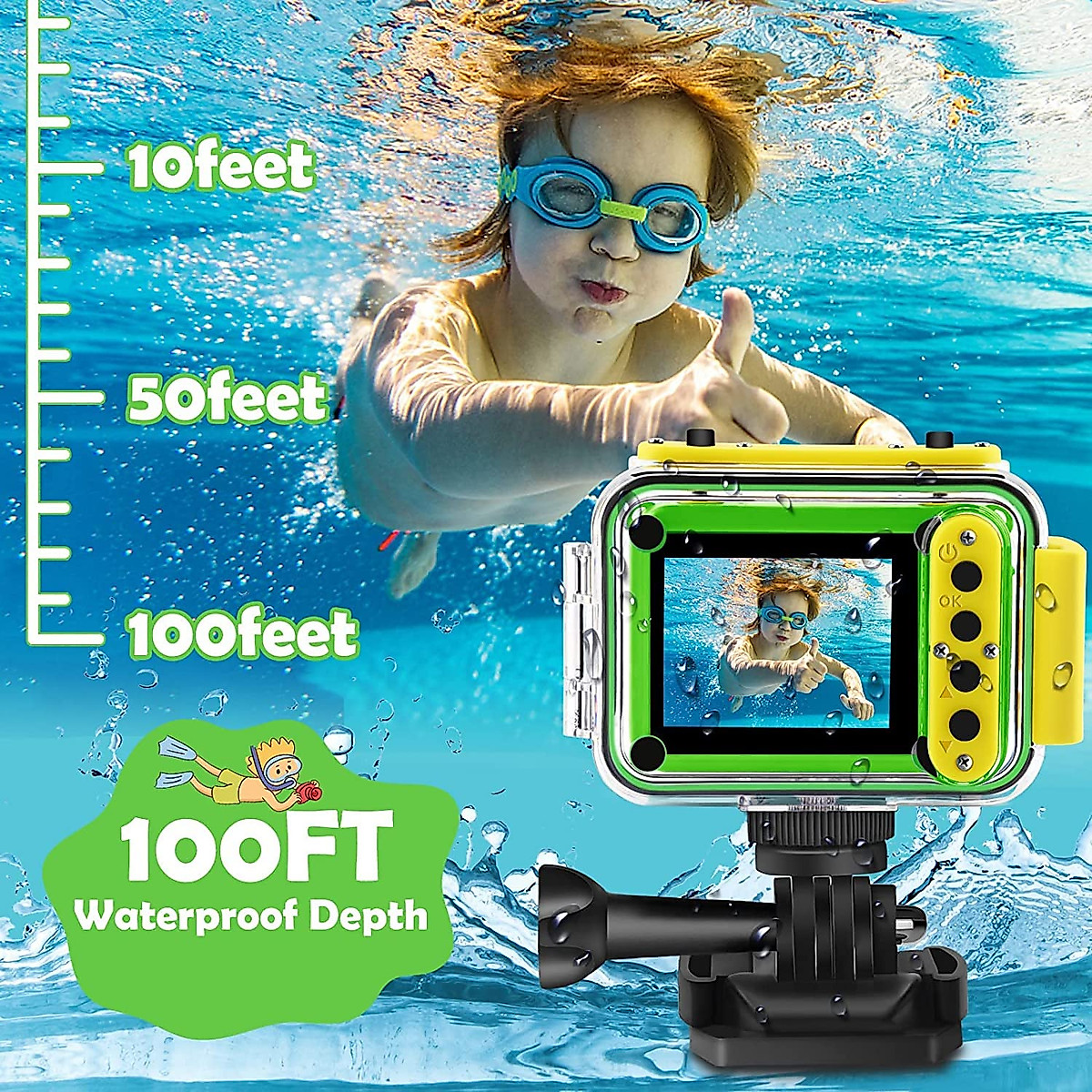 AILEHO Kids Camera - Underwater Camera for Kids Girls Boys, Waterproof Digital Camera, Toddler Toys Kids Selfie Video Camera Recorder for Birthday for Girls Boys Age 3-12 (Green)