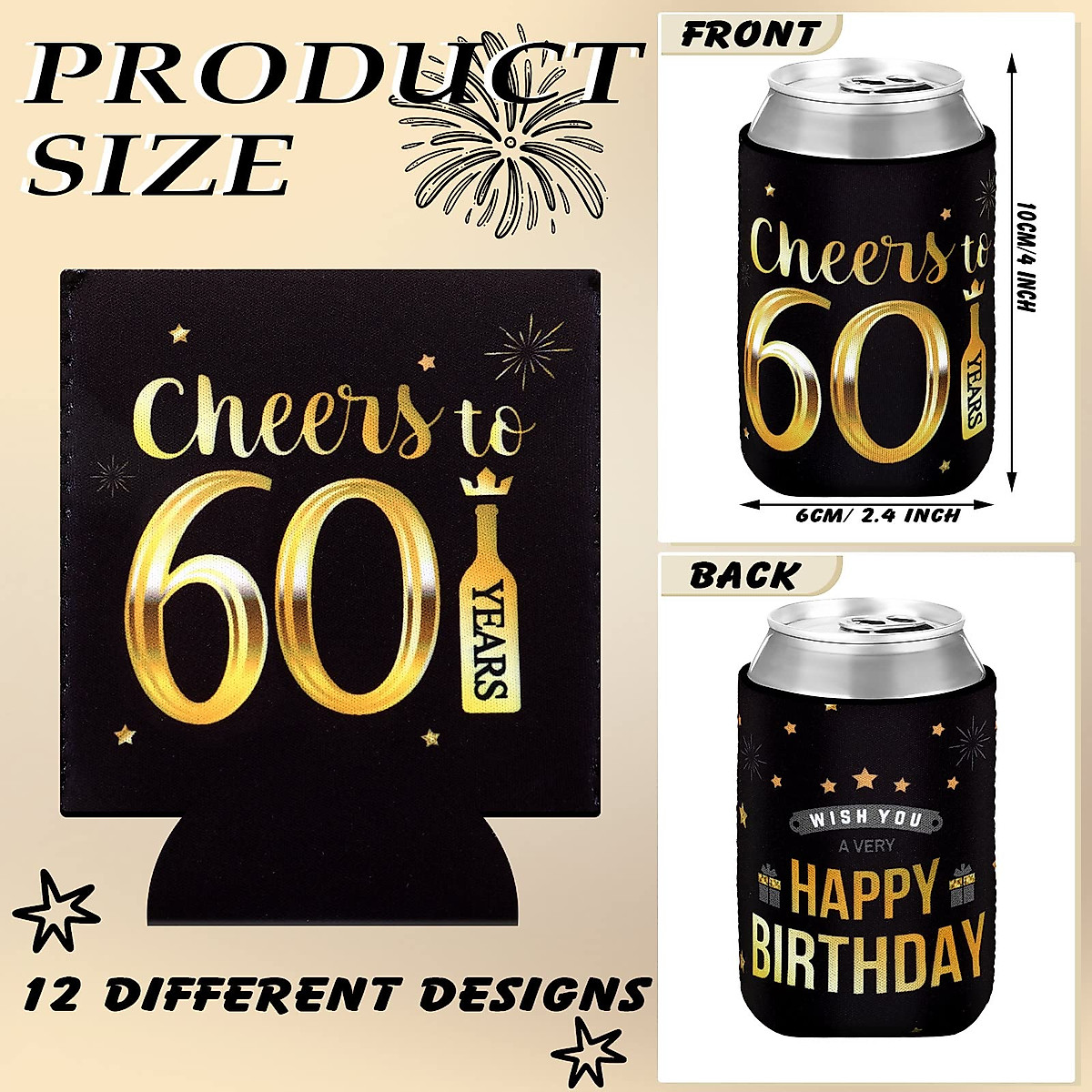 Umigy 24 Pcs 60th Birthday Can Sleeve to 60 Years Can Neoprene Cooler 60th Birthday Decorations 60th Birthday Party Favors Party Supplies Birthday Gift for Men Women