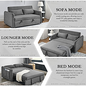 Velvet Pull Out Sofa Bed, 3 in 1 Convertible Loveseat Sleeper, Pull Out Couch with Adjustable Backrest, Side Pocket and 2 Throw Pillows, Chaise Lounge Futon Couch for Living Room Bedroom (Grey)