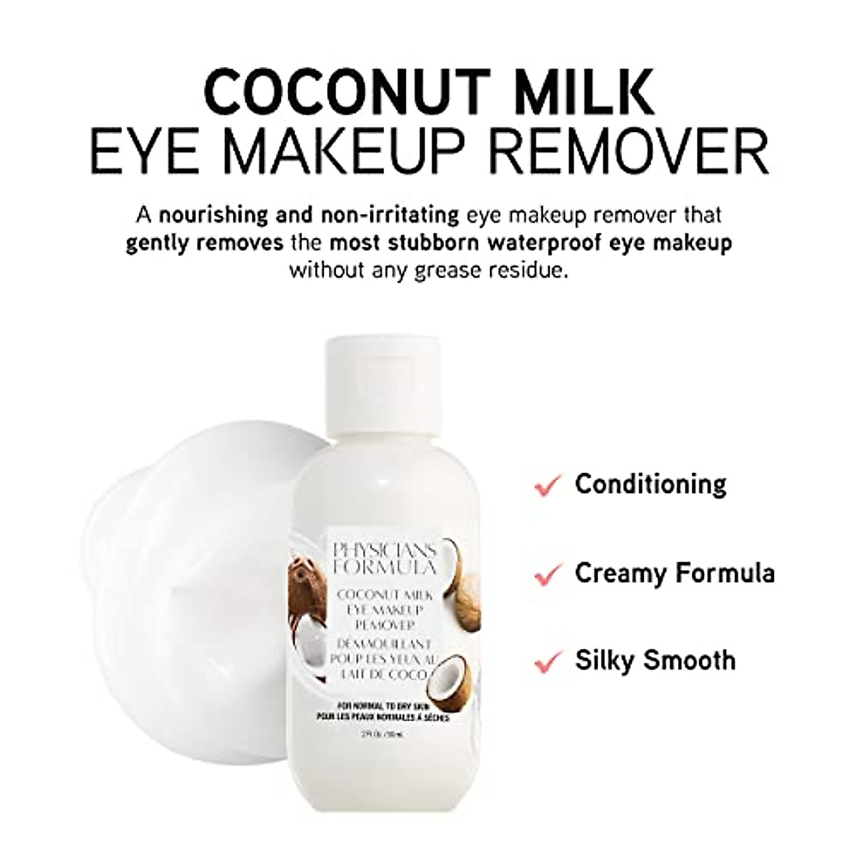 Physicians Formula Eye Makeup Remover Coconut Milk Waterproof Eye Makeup Remover, Dermatologist Tested, Oil-Free, for Sensitive Skin, 2 Fl Oz (Pack of 1)