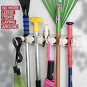 HOME IT Mop And Broom Holder - Garage Storage Systems with 5 Slots, 6 Hooks, 7.5lbs Capacity Per Slot - Garden Tool Organizer For 11 Tools - For Home, Kitchen, Closet, Garage, Laundry Room - Off-White