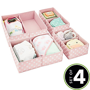 mDesign Soft Fabric Dresser Drawer and Closet Storage Organizer for Child/Kids Room, Nursery - Divided 2 Compartment Organizer - Fun Polka Dot Print, Set of 4 - Pink with White Dots