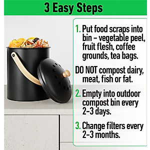 Compost Bin Kitchen Counter - 1.3 Gallon Black Stainless Steel Kitchen Compost Bin with Wood Handles & Charcoal Filters x3 Sets - Countertop Compost Bin with Lid - Large Kitchen Compost Bin Countertop