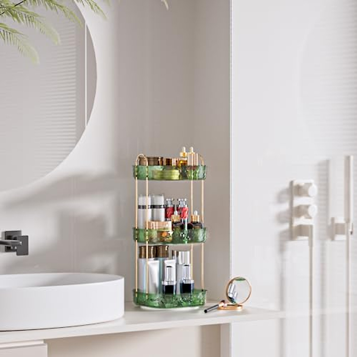 ZHIAI Rotating Makeup Organizer for Vanity, Perfume Organizer Large Bathroom Organizers and Storage, Skincare Organizers Lipstick Toiletry Spinning Holder Countertop 360 Spinning 3 Tier Green