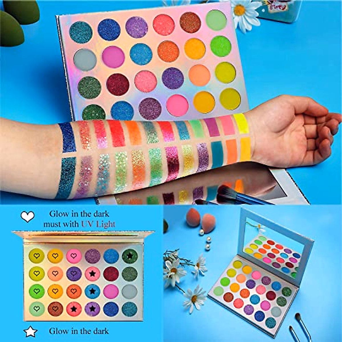 Kalolary Glow in the Dark Makeup, Neon Eyeshadow Glow Palette UV Glow Blacklight Matte and Glitter, 24 Colors Highly Pigmented Eyeshadow Kit with 4 Brushes for Valentine's Day Face Body Makeup