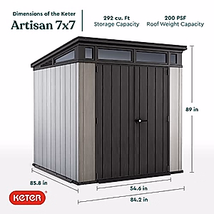 Keter Artisan 7x7 Foot Outdoor Shed with Floor-Modern Design for Patio Furniture Lawn Mower, Tools, and Bike Storage, Grey