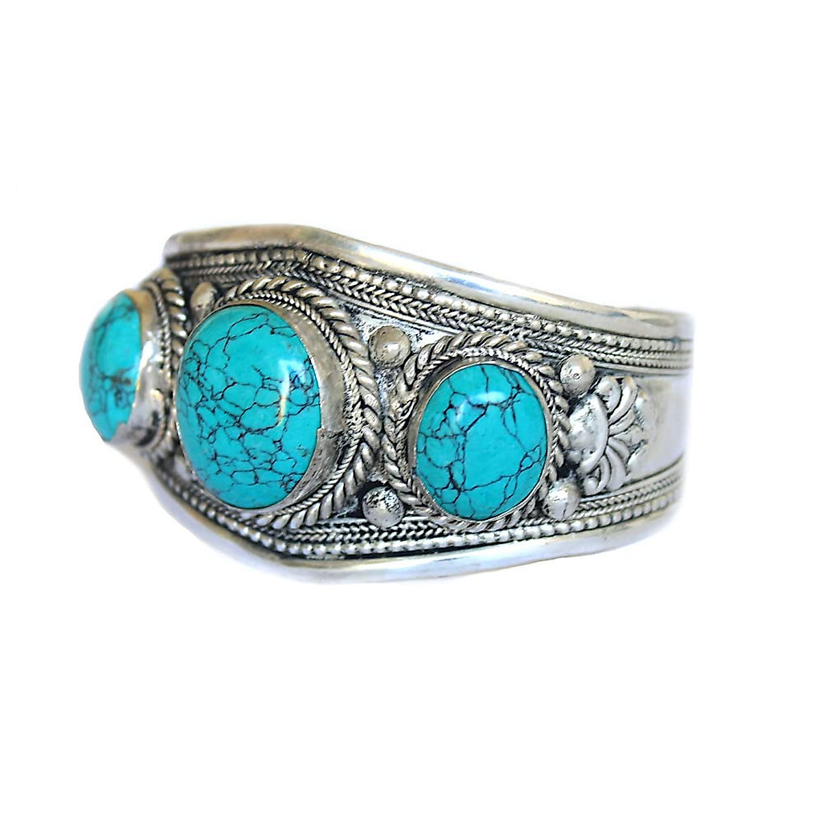 3 Stone Blue Stabilized-Turquoise Adjustable Cuff Bracelet | Ornate Boho Jewelry for Men & Women