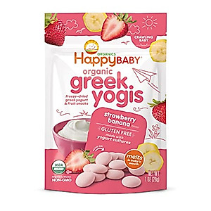 Happy Baby Organics Greek Yogis Freeze-Dried Greek Yogurt and Fruit Snacks, Strawberry Banana, 1 Ounce (Pack of 1) packaging may vary