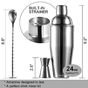 24oz Cocktail Shaker Bar Set - Professional Margarita Mixer Drink Shaker and Measuring Jigger & Mixing Spoon Set - Professional Stainless Steel Bar Tools Built-in Bartender Strainer for Martini Kit