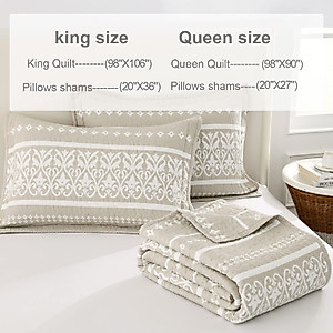 Toldlove Quilts Queen Size - Boho Quilt King 100% Cotton Oatmeal Bedding Set Bohemian Striped Bedspread Lightweight Rversible Comforter Coverlets All Season,Oatmeal/Begie White 3Pcs