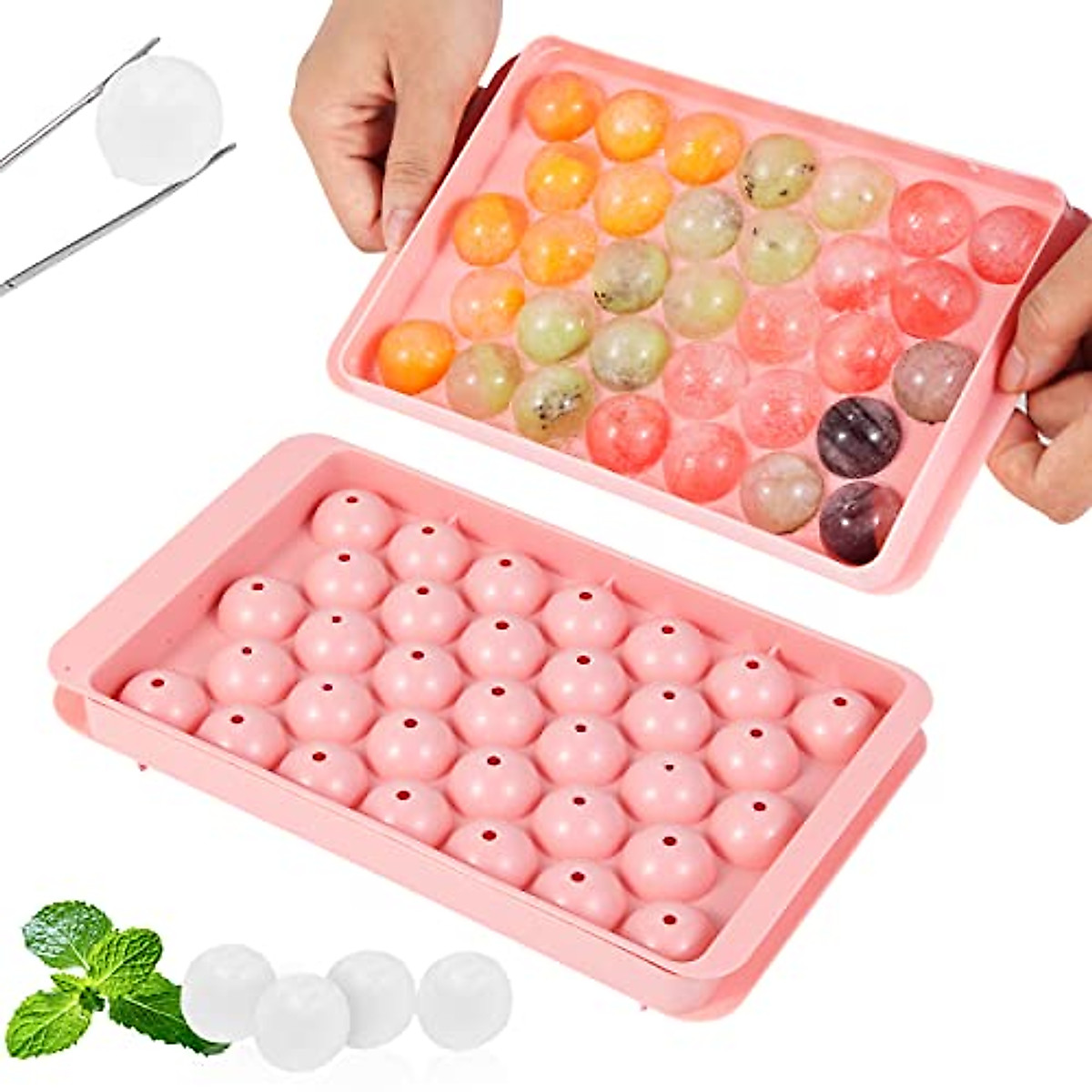 Ice Cube Trays For Freezer, Ice Ball Maker Mold Mini circle Round Ice Cube Mold with Lid 1.2in X 66PCS for Cocktail Whiskey Tea Coffee (Pink)