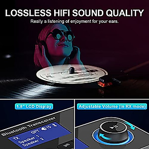 Ainostone Bluetooth 5.0 Transmitter Receiver for 2 Headphones 2-in-1 Audio Adapter with LCD Display Low Latency Long Range Volume Adjustable Optical AUX RCA Bypass for Headphone Speaker TV Home Stereo