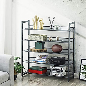 SONGMICS Shoe Rack, 5-Tier Stackable Shoe Storage Shelf, Metal Mesh, Flat or Angled Shoe Organizer Rack for 20 to 25 Pairs of Shoes, Short Boots, High Heels, Grey