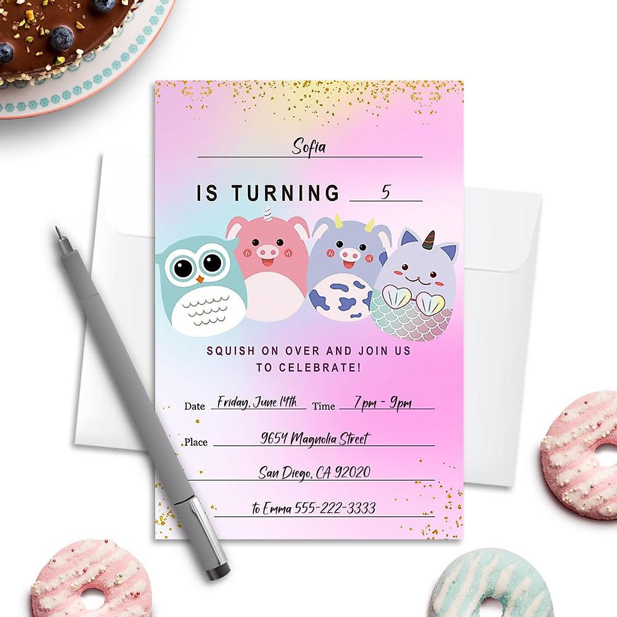Squish Birthday Invitation Cards with Envelopes Pack of 20 (4" X 6") - Party Invitations for Boys, Girls, Kids, Teens - Squish On Over And Join Us To Celebrate - Squish Party Favors Decorations and
