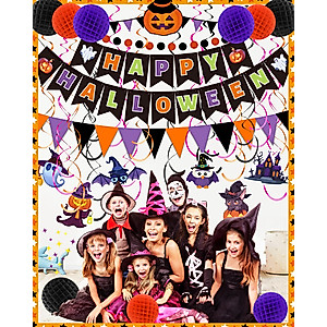 Oomloid Halloween Party Decorations Indoor - Happy Halloween Banner, Hanging Swirl Streamers, Halloween Sign Triangle Flag Bunting Halloween Supplies for Trunk or Treat Decorations
