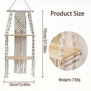 YOJO Macrame Wall Hanging Shelf,2 Tier Boho Wall Plant Hanger Shelves,Handmade Bohemian Woven Floating Shelves for Bedroom Living Room Apartment Home Decor