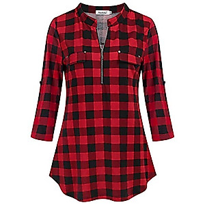 Ninedaily Plaid Shirts for Women, Gifts for Women Shirts Happy New Years Shirts Christmas Outfits 2023 Casual Extra Long Dressy Tunics to Wear with Legging Loose Hem Black and Red Plaid Shirt Size XL