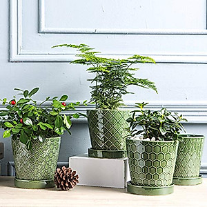 BUYMAX Plant Pots Indoor –5 inch Ceramic Flower Pot with Drainage Hole and Ceramic Tray - Gardening Home Desktop Office Windowsill Decoration Gift, Set of 4-Plants NOT Included (Patina)