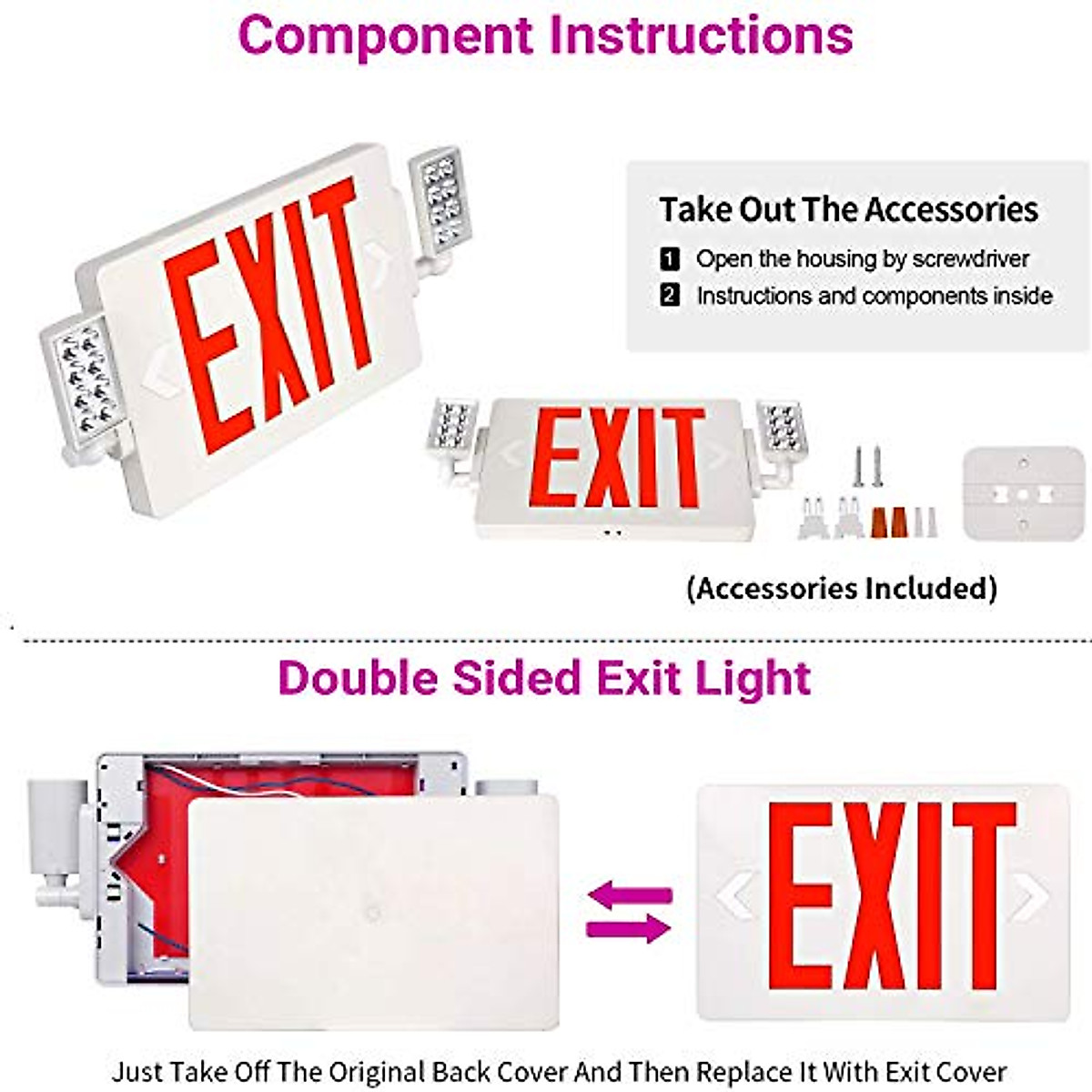 Ultra Slim Red Combo Exit Sign with Emergency Lights,120-277V Double Face LED Combo Emergency Light with Adjustable Two Head and Backup Battery Commercial Grade, UL Certified, 5 Years Warranty- 2 Pack