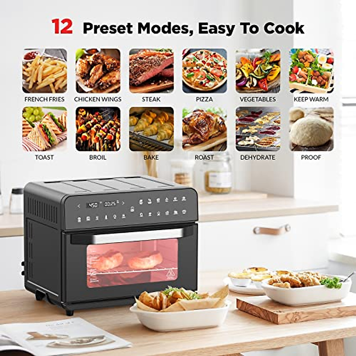 26.3QT/25L Extra-Large Air Fryer Toaster Oven, Convection Oven Countertop, Bake & Broil, 12-in-1 Air Fryer Convection Toaster Oven Combo, Digital Control Multifunction Pizza Oven, Black Nonstick Stainless Steel