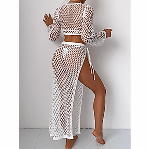 Verdusa Women's Hollow Out Crochet Crop Cover up Top and Tie Side Skirt Beach Bikini Cover Up Sets White XL
