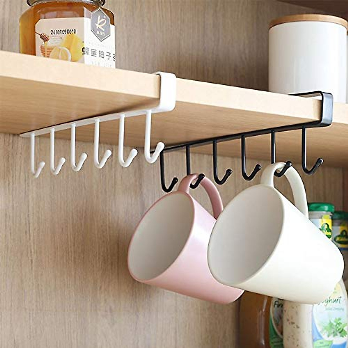 YIHAIXINGWEI White Cup Holder Under Cabinet 6 Hook Coffee Cup Mug Holder for Kitchen, Fit for 1 Inch Thickness Shelf or Less (with Adhesive).
