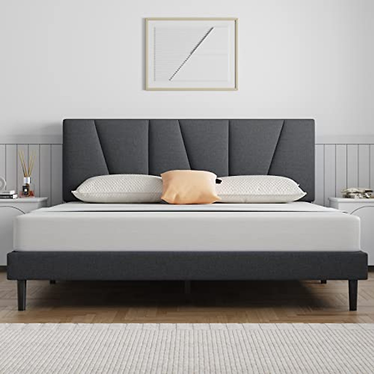 Molblly Twin Bed Frame Upholstered Platform with Headboard and Strong Wooden Slats, Strong Weight Capacity, Non-Slip and Noise-Free,No Box Spring Needed, Easy Assembly,Dark Grey Twin Bed