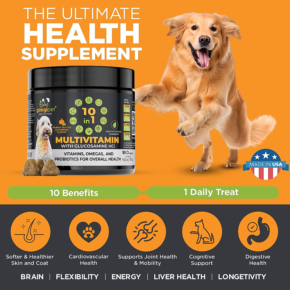 Googipet Premium 10 in 1 Dog Vitamins Multivitamin Chewable w/Dog Probiotics for Gut Health, Dog Vitamins and Supplements w/Vitamin C & Glucosamine for Joint Support (Peanut Butter & Pumpkin Flavor)